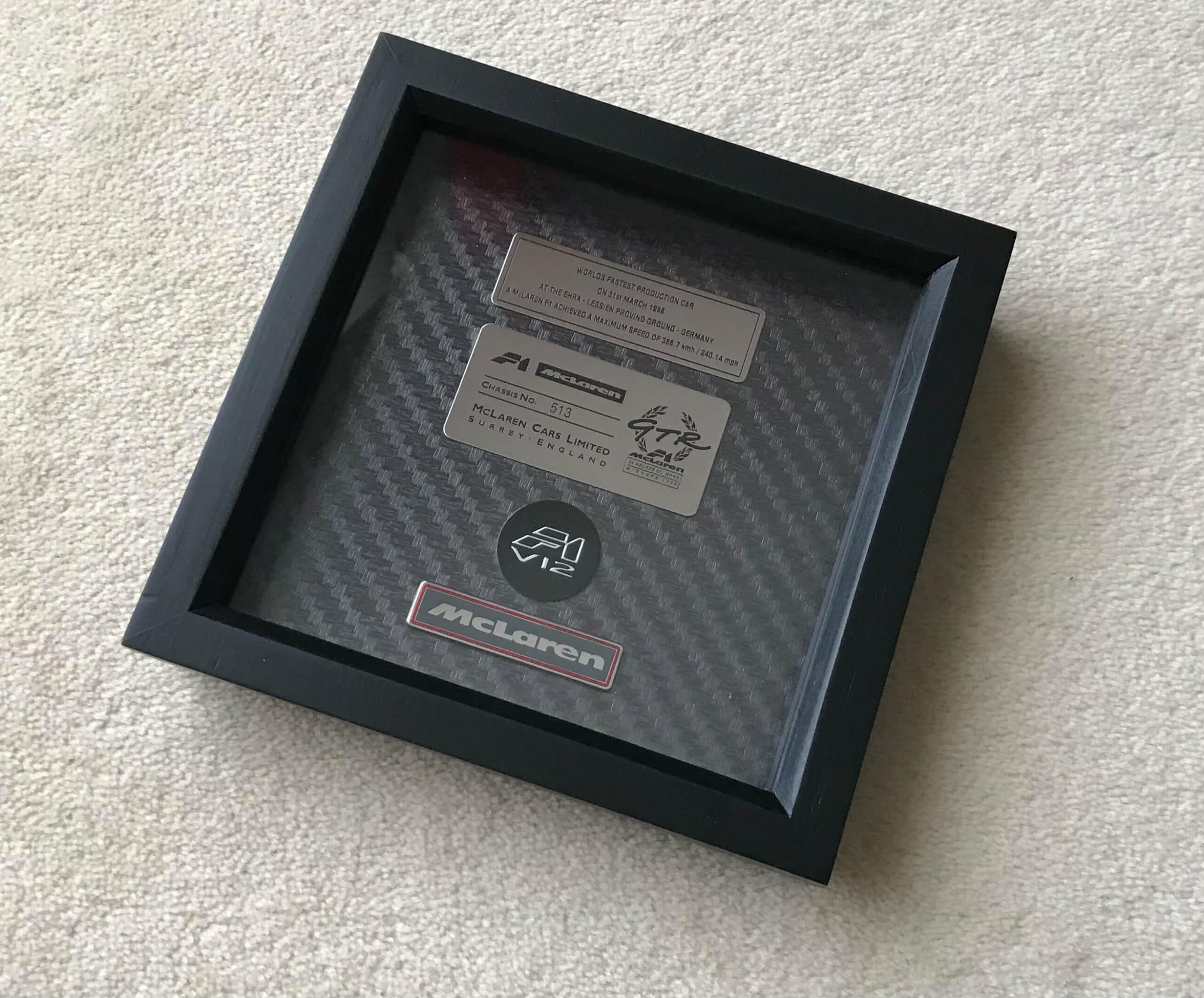 McLaren F1 GTR Framed Badges With LOA - Motorsport Memorabilia